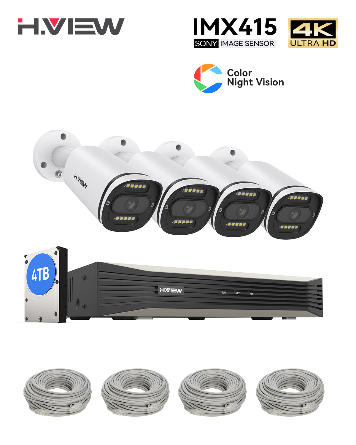 H.VIEW 8CH 4K Home Security Camera System, 4pcs Wired 8MP Outdoor Colo ...